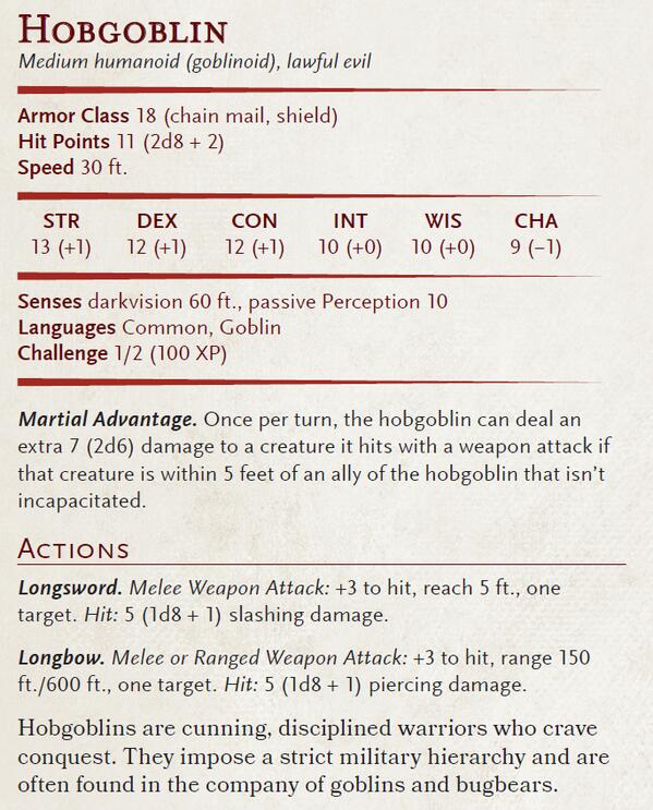 5E 5e Hobgoblin stat block